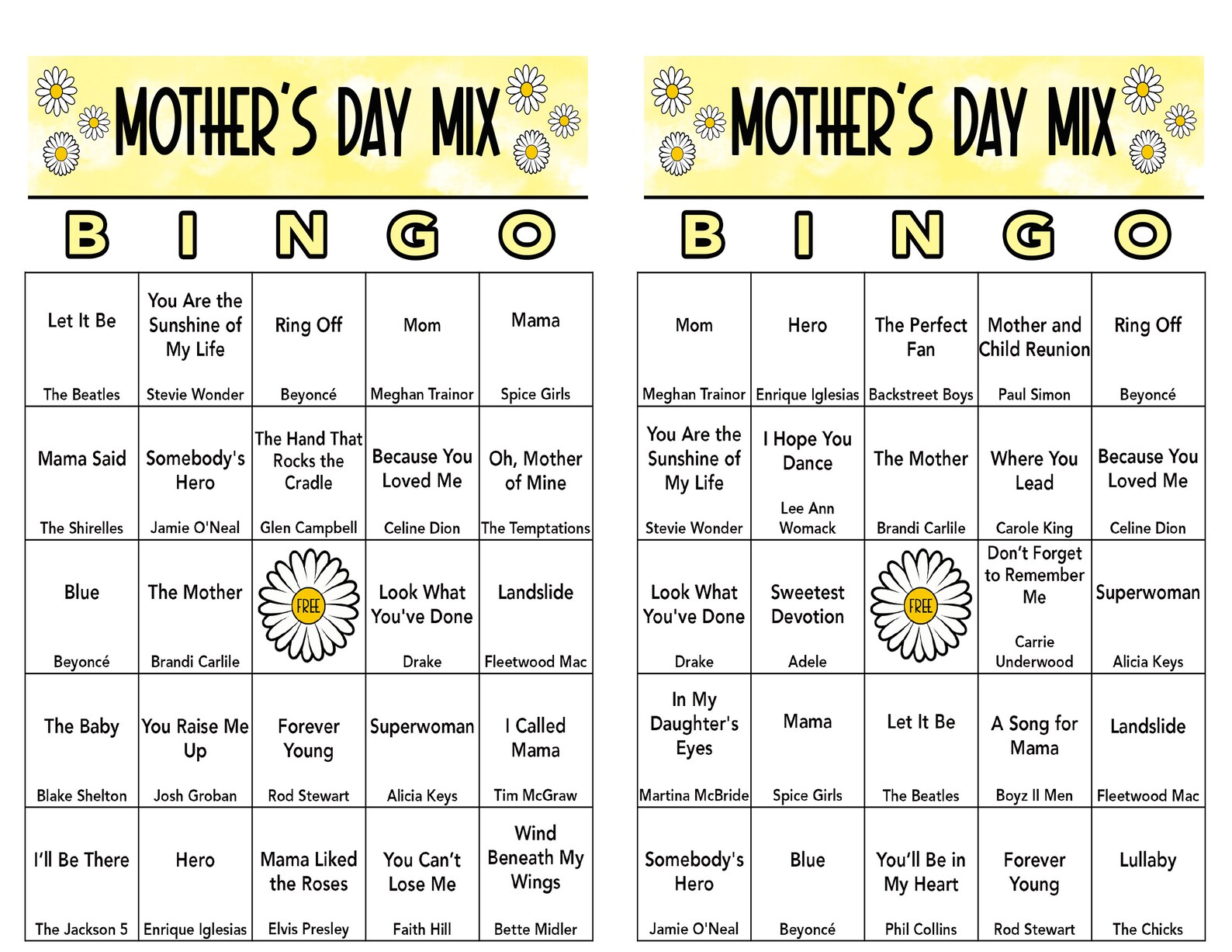 Mother's Day Bingo Game Mother's Day Song Bingo Easy - Etsy