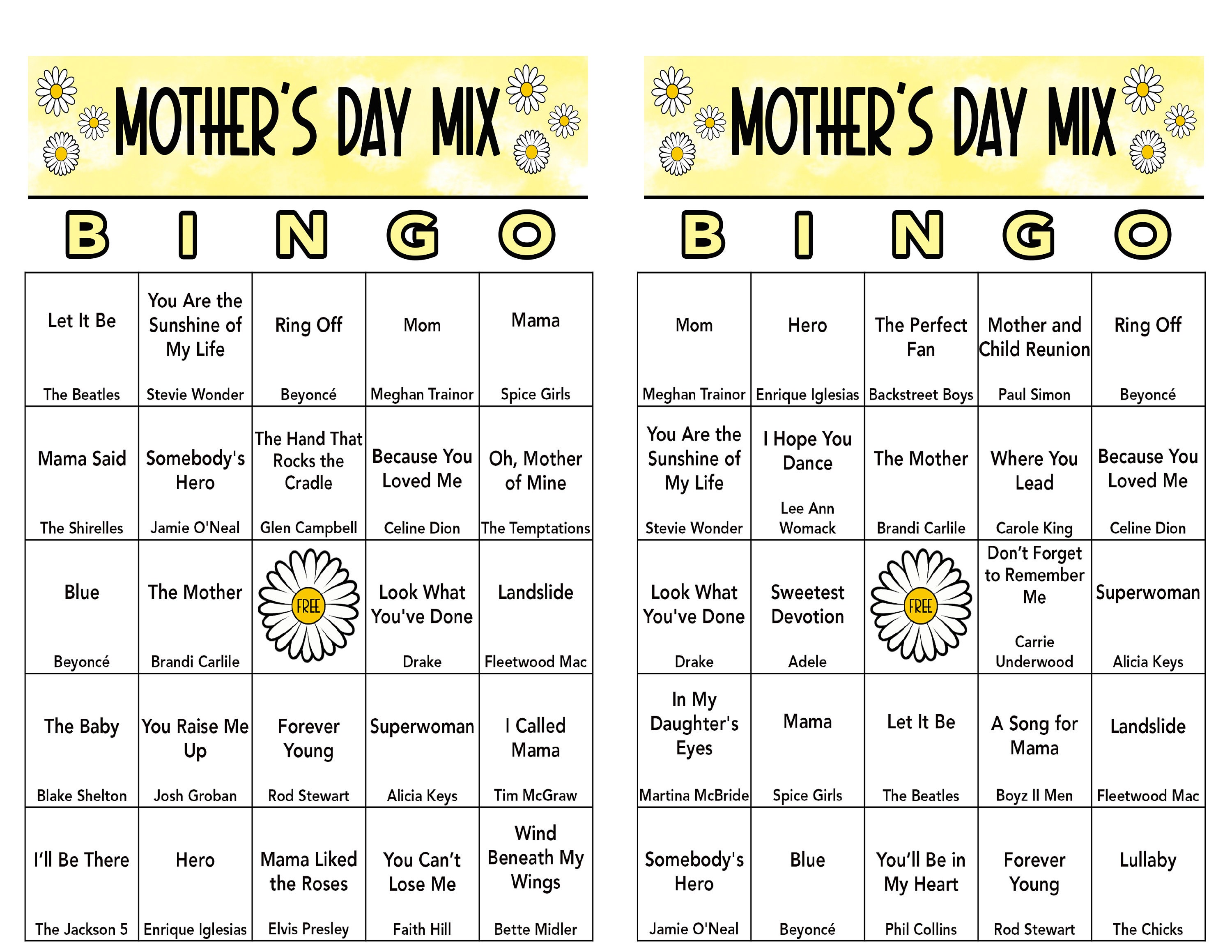 Mother's Day Bingo Game Mother's Day Song Bingo Easy - Etsy