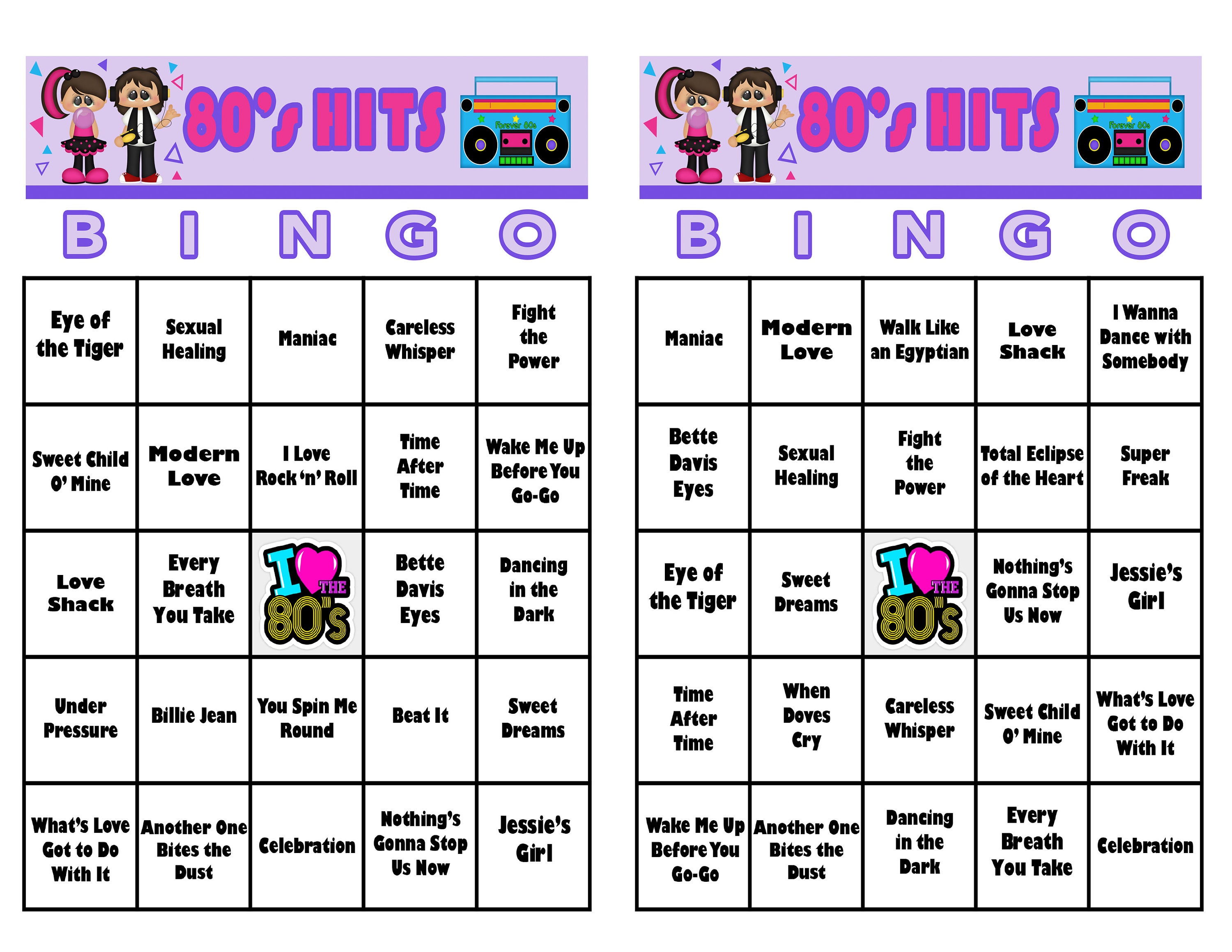 80's Music Hits 80's Party Digital Download Bingo - Etsy