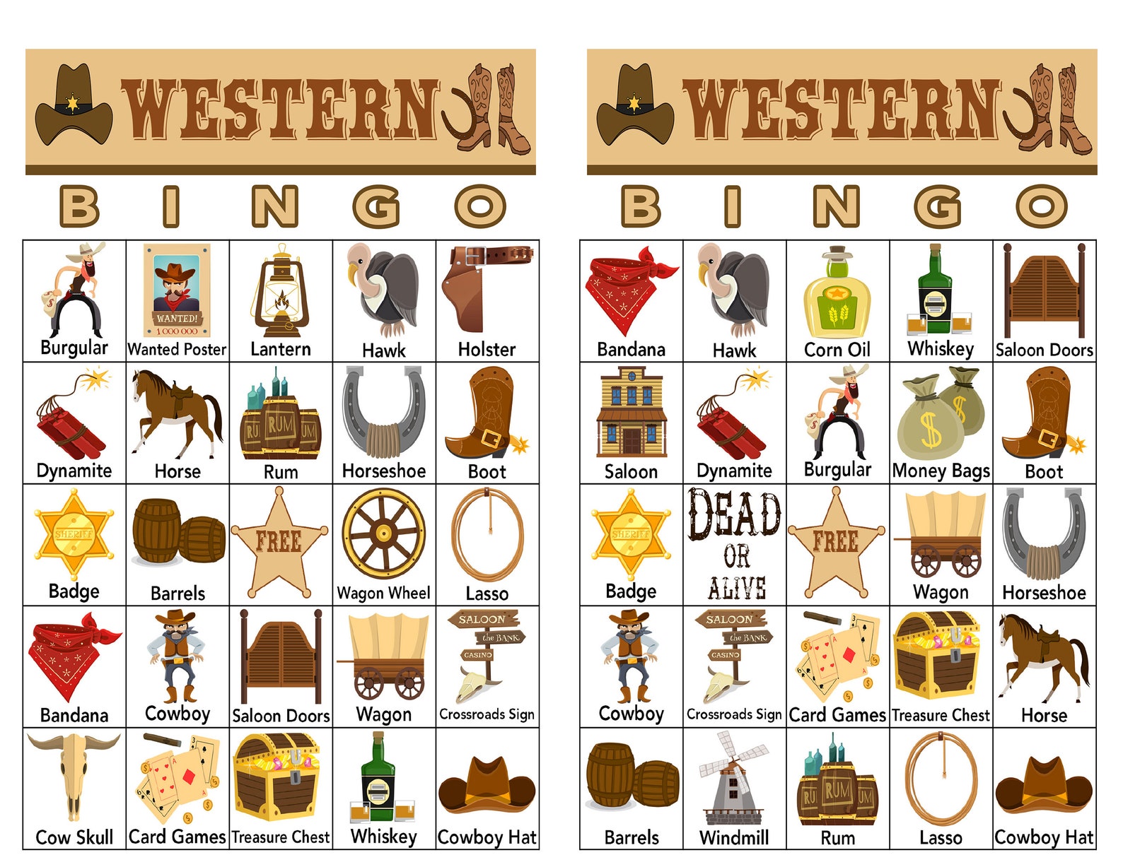 Wild West Western Cowboy Games Cowboy Bingo 5x5 Bingo - Etsy