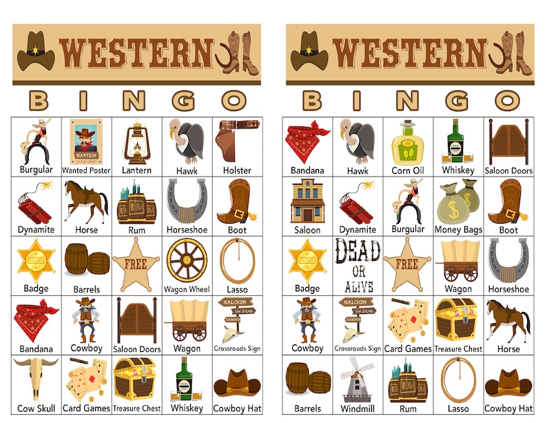 Wild West Western Cowboy Games Cowboy Bingo 5x5 Bingo - Etsy