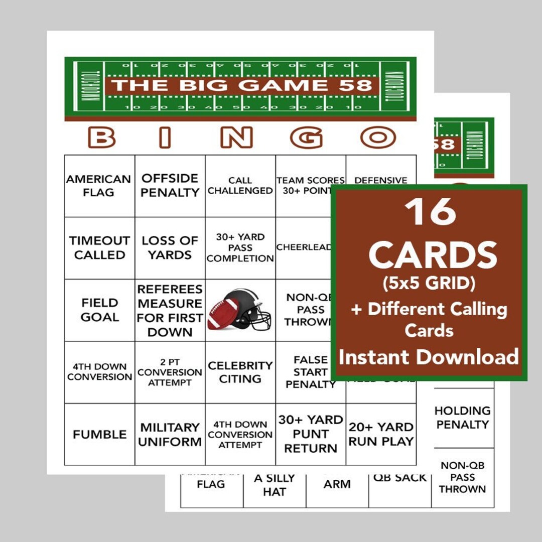 THE BIG GAME 58 Football Bingo Game, Sports Bingo, Party Bingo ...