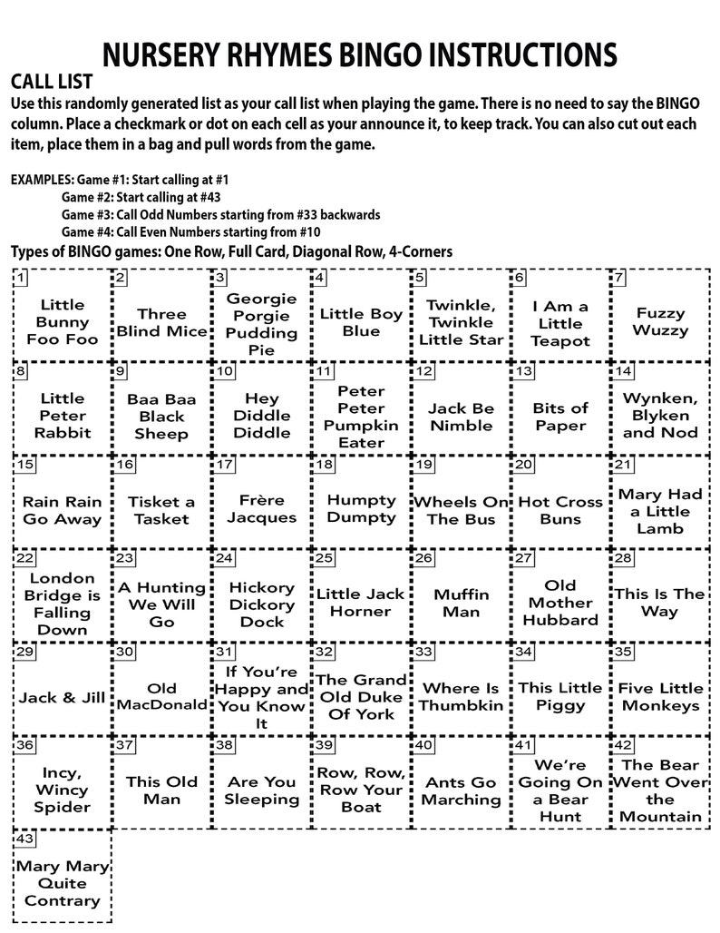 Nursery Rhymes Nursery Rhyme Bingo Girl Baby Shower Game - Etsy