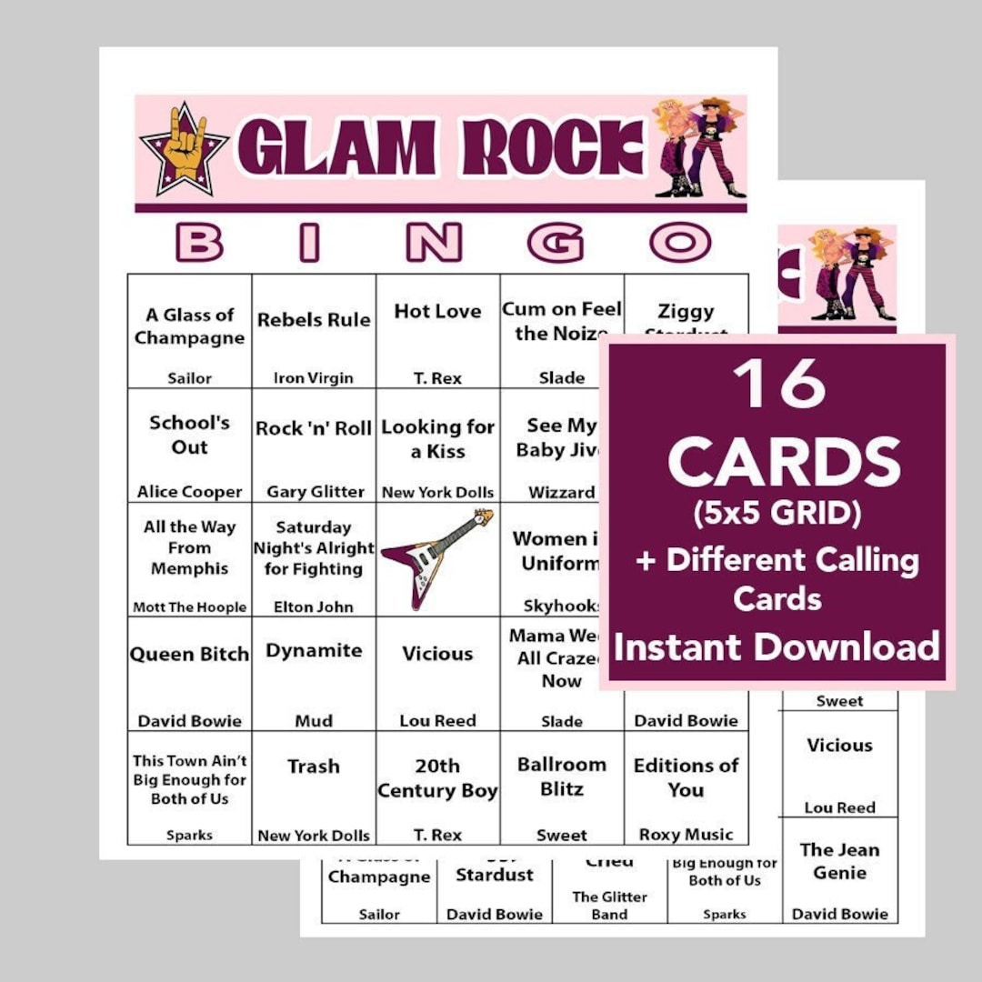 Glam Rock, 70's Rock 'n' Roll Bingo, Music Games, Rock 'n' Roll Party ...