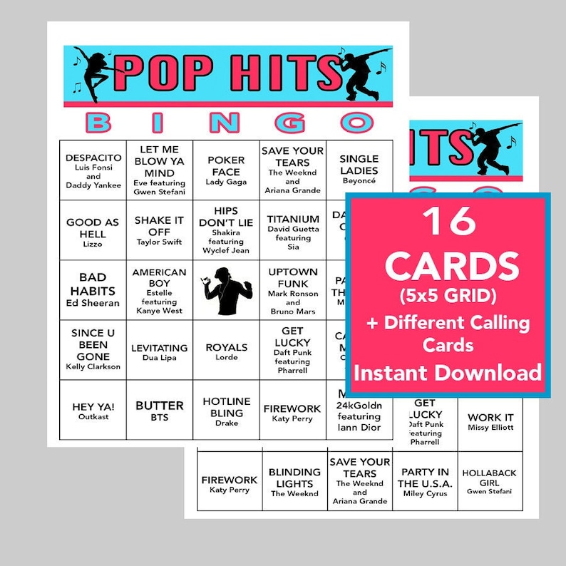 POP Music Hits Bingo Game, 16 Printable Cards (digital Download) - Etsy