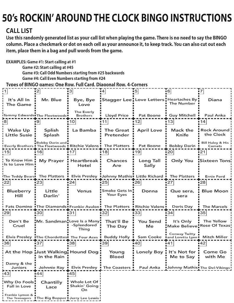 50's Music Hits 50's Party 50's Bingo Instant - Etsy