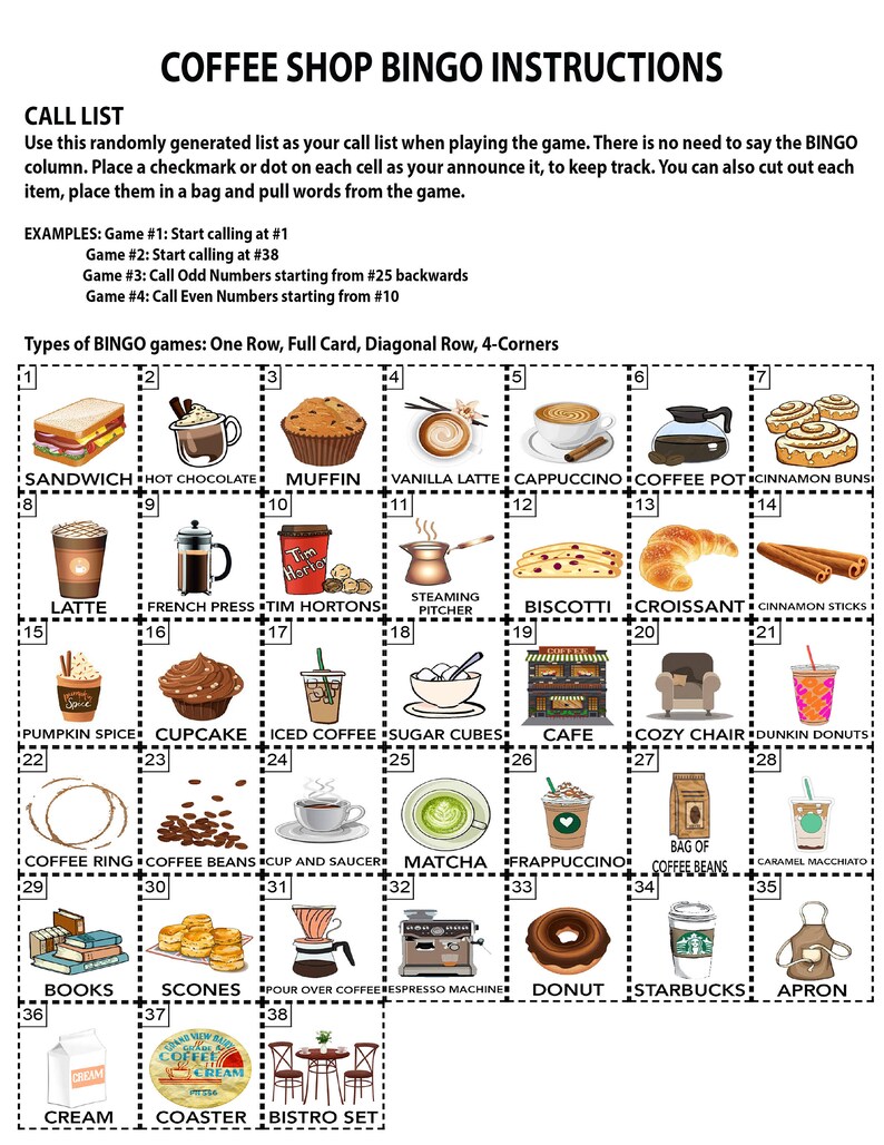 Coffee Bingo Game: 30 Printable Cards, Coffee Party (digital Download ...