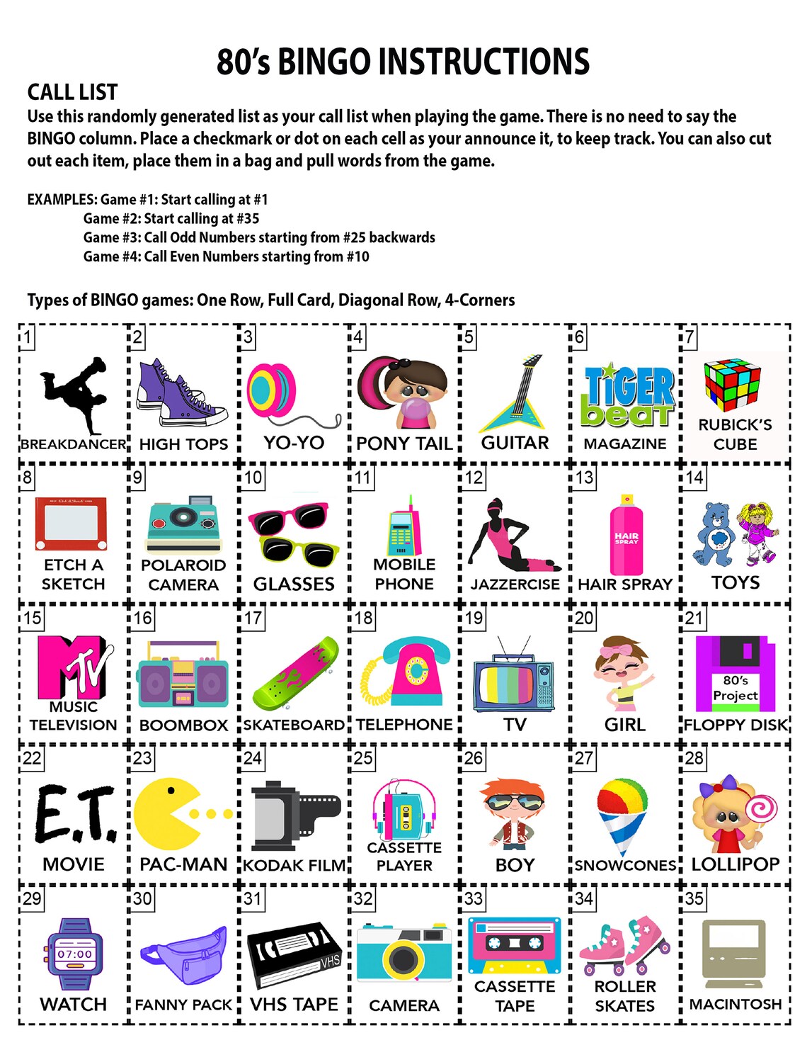 80's Bingo, 80's Birthday, 80's Throwback, Instant Digital Download ...