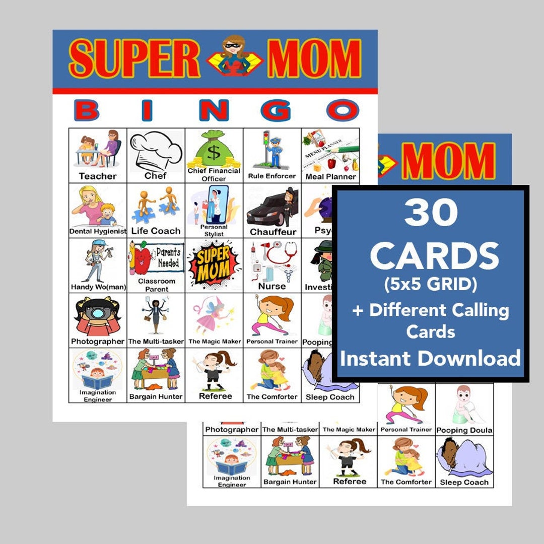 Super Mom Bingo, 30 Unique Cards, Mother's Day Game (instant Download ...