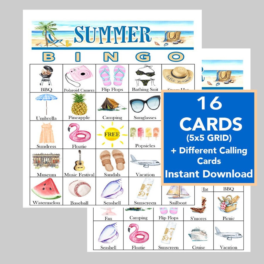 Summer Bingo Cards, Summer Vacation Bingo, Camp Party Bingo, Summer ...