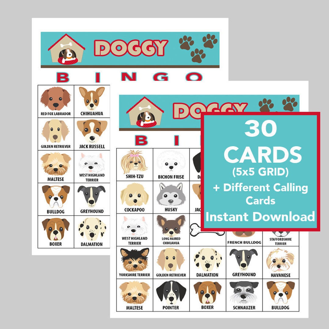 Dogs, Doggie Bingo, Instant Digital Download, Bingo Games, Printable ...