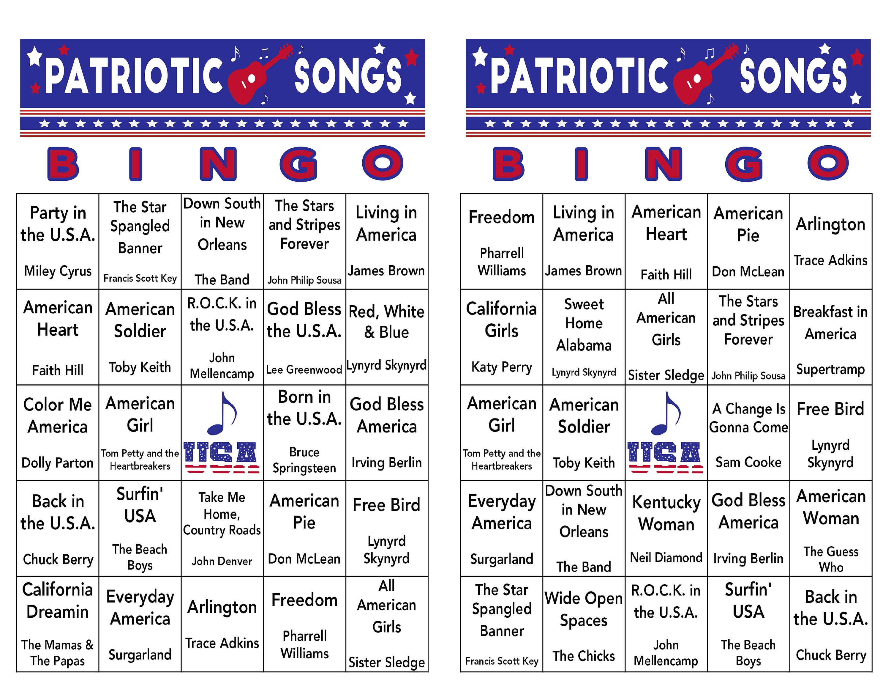 Patriotic Songs Bingo Memorial Day Bingo 4th of July Bingo - Etsy