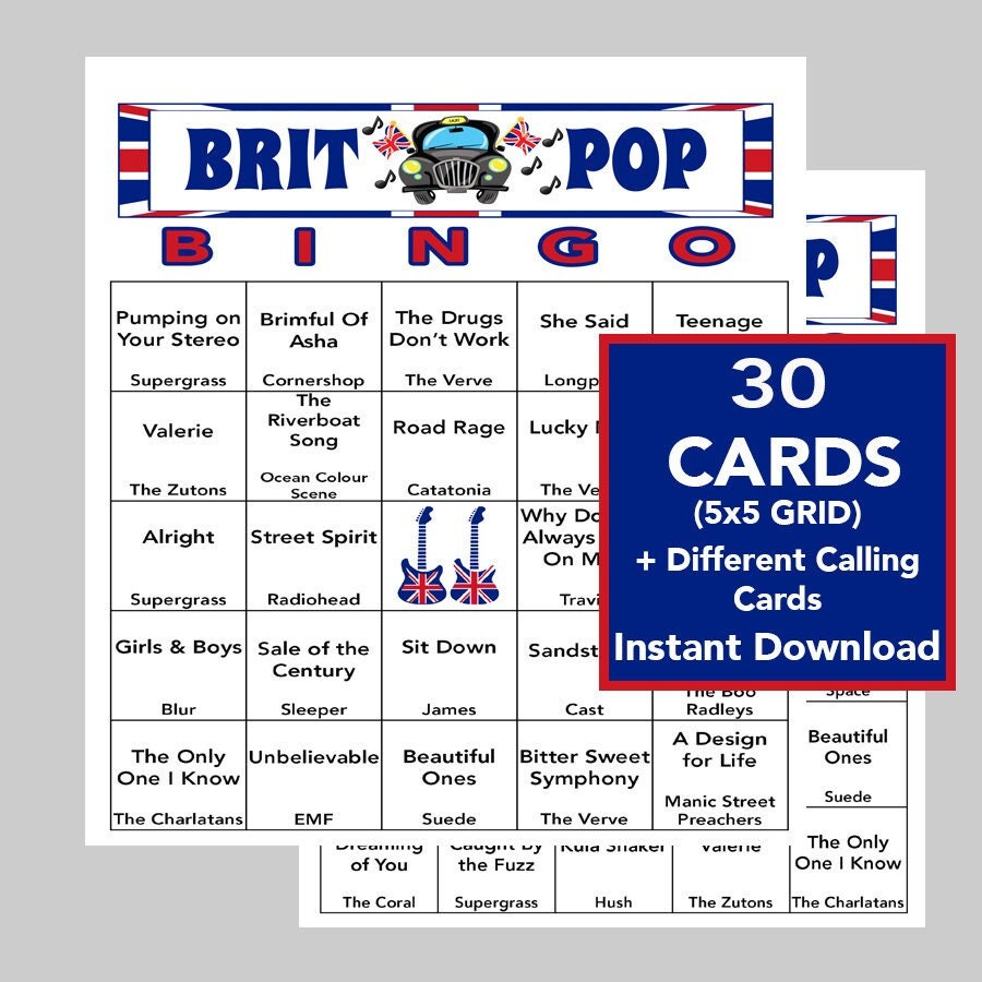 BRIT POP Music Hits, British POP Music Party, Digital Download, Bingo ...