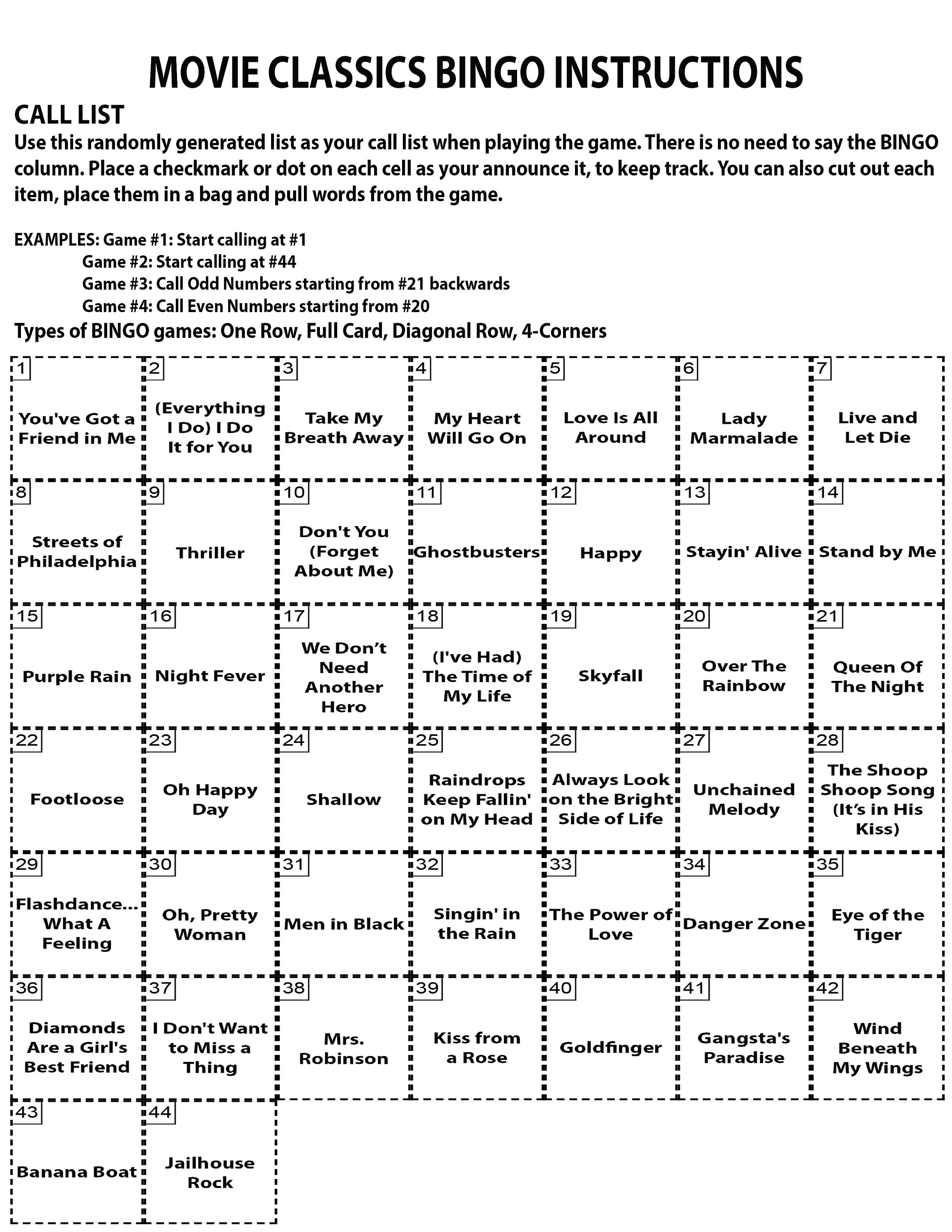 Movie Song Bingo Movie Classics Bingo Family Night Games - Etsy