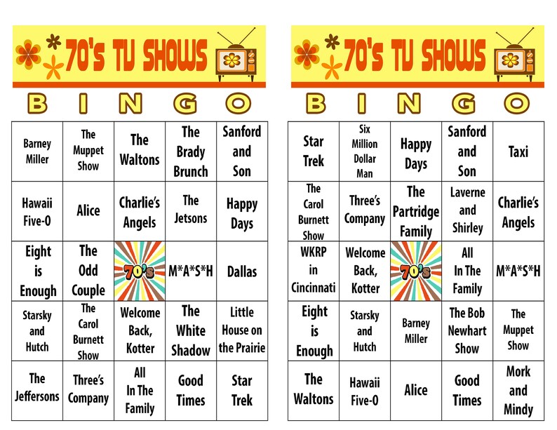 70's TV Shows Bingo Game, 16 Cards, Music Bingo (instant Download) - Etsy