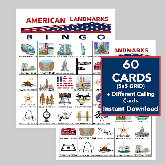 American Landmarks Bingo Game USA Party Bingo USA Games Fun - Etsy
