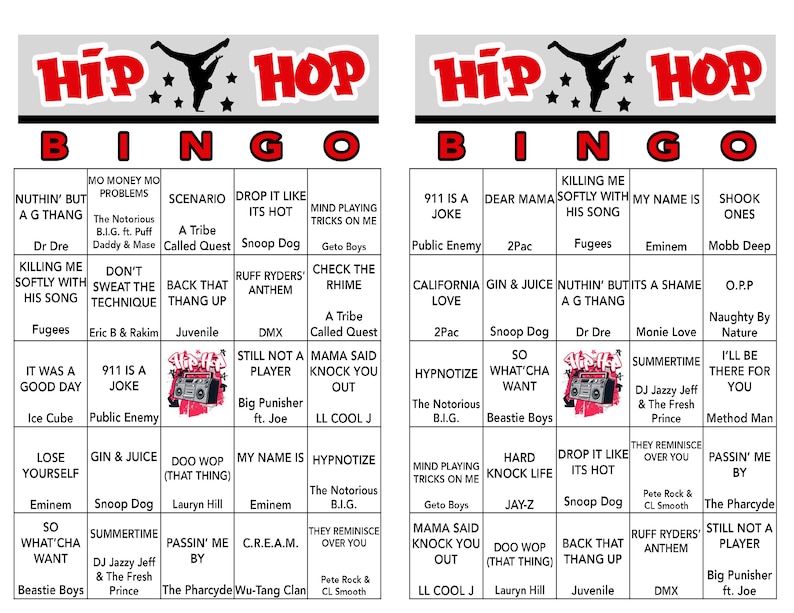 Hip Hop Music, Hip Hop Music Party, Instant Digital Download, Bingo ...