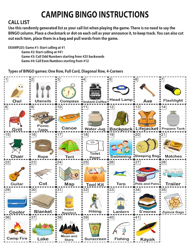 Camping Camping Bingo Camping Games Kids Camping Digital - Etsy