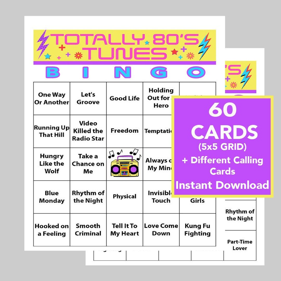 80's Music Hits, 80's Party, Digital Download, Bingo Games, Printable ...