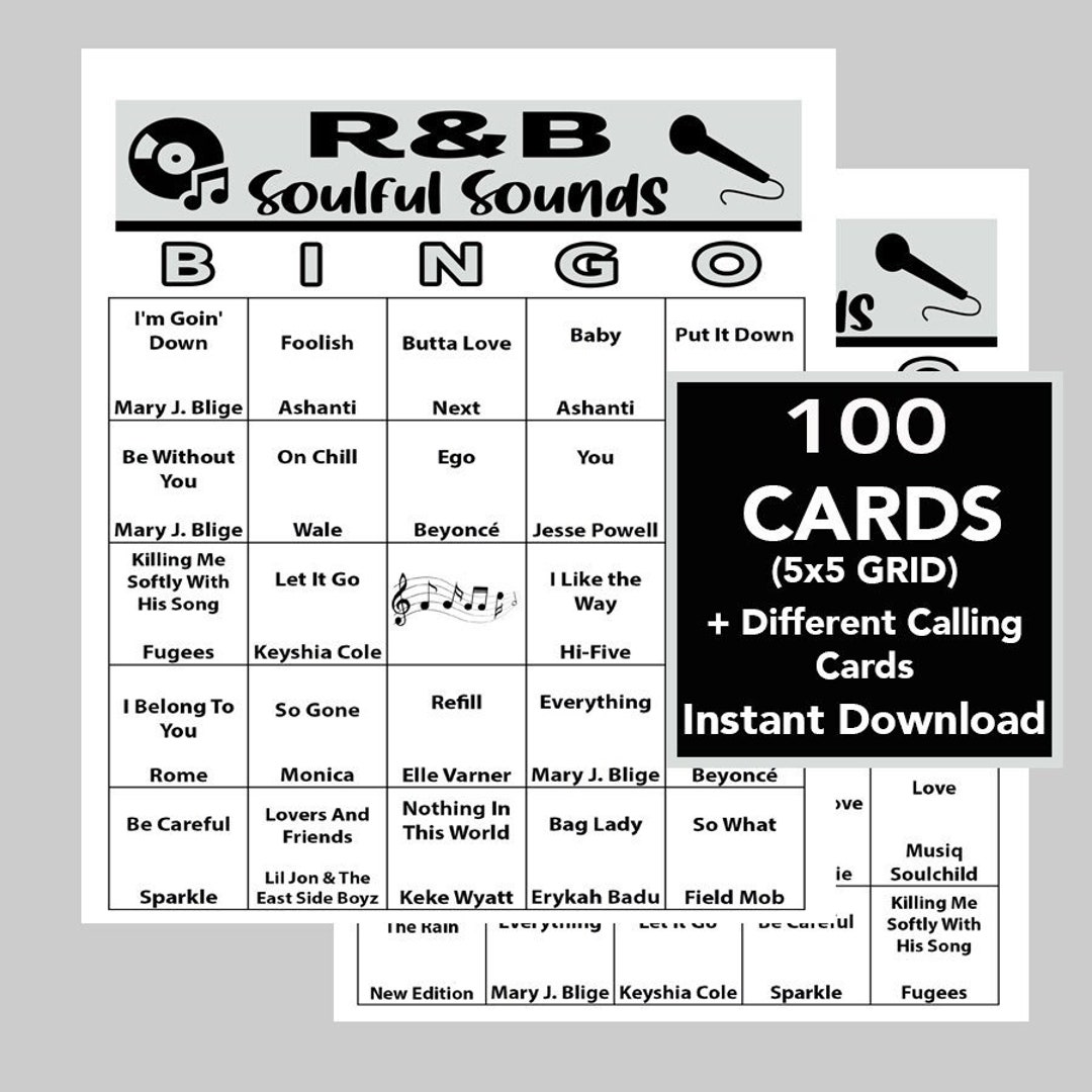 R&B Music Hits, Rhythm and Blues, Soulful Sounds, Printable Digital Download, Bingo Games, 100 ...