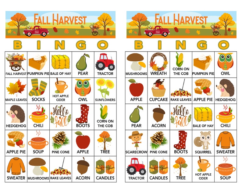 Fall Harvest Bingo Fall Party Autumn Bingo Bingo Games - Etsy