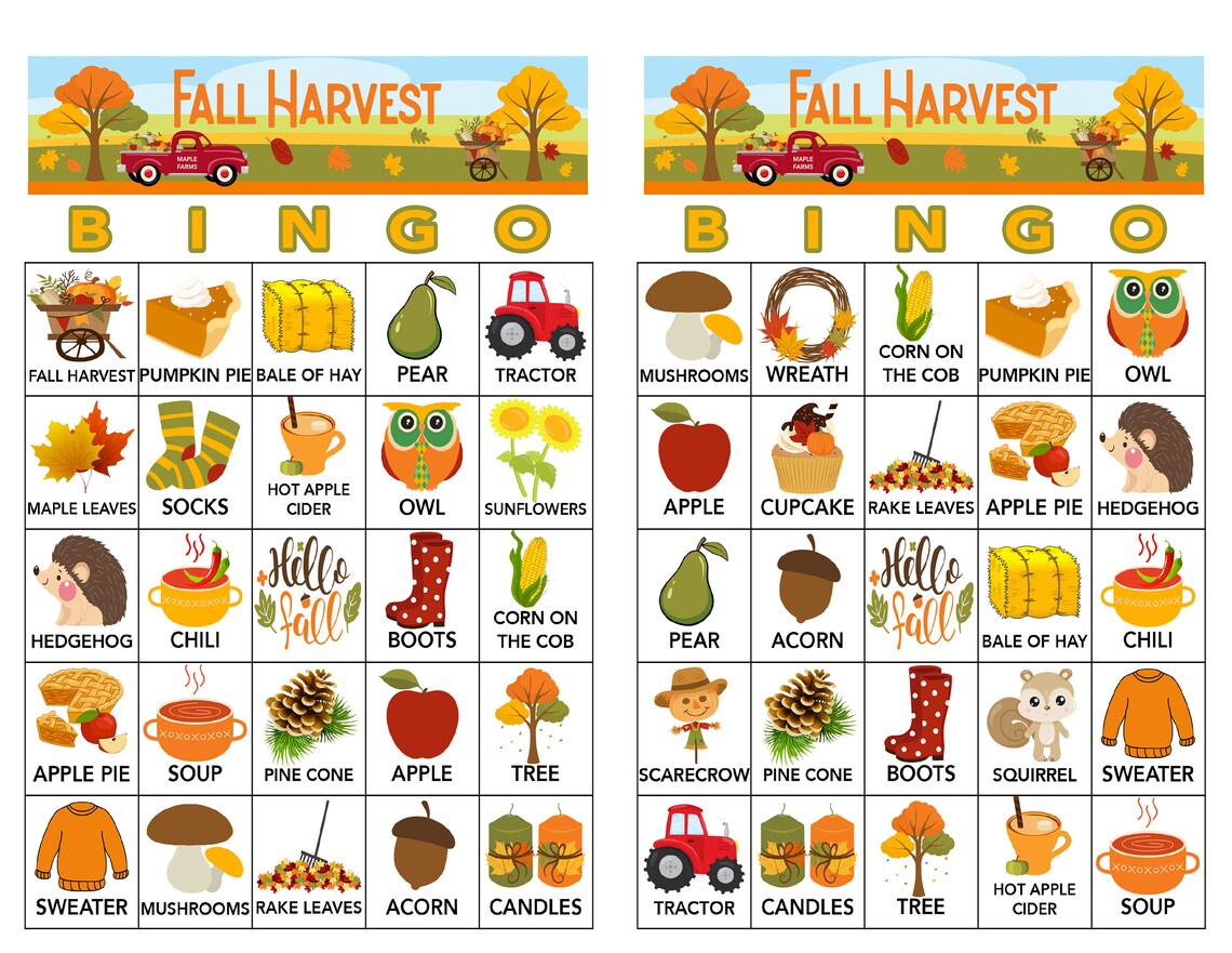 Fall Harvest Bingo Game, 60 Unique Cards (digital Download) - Etsy