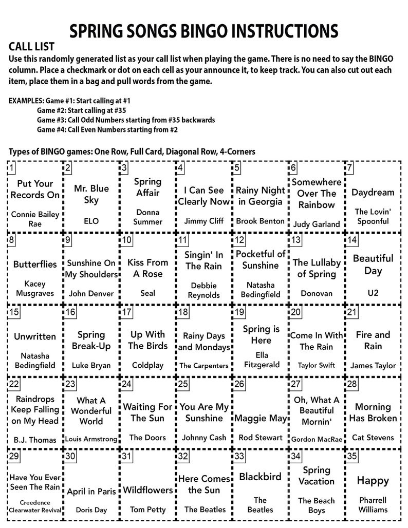 Spring Songs Bingo Game, 30 Unique Cards (digital Download) - Etsy