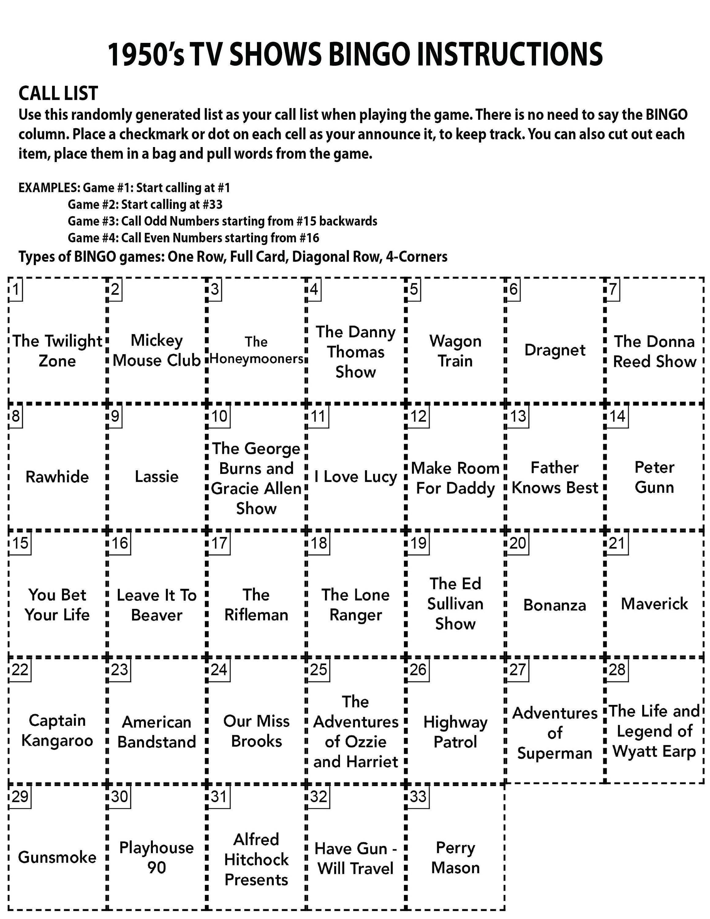 50's TV Shows 50's Games 50's Bingo Music - Etsy