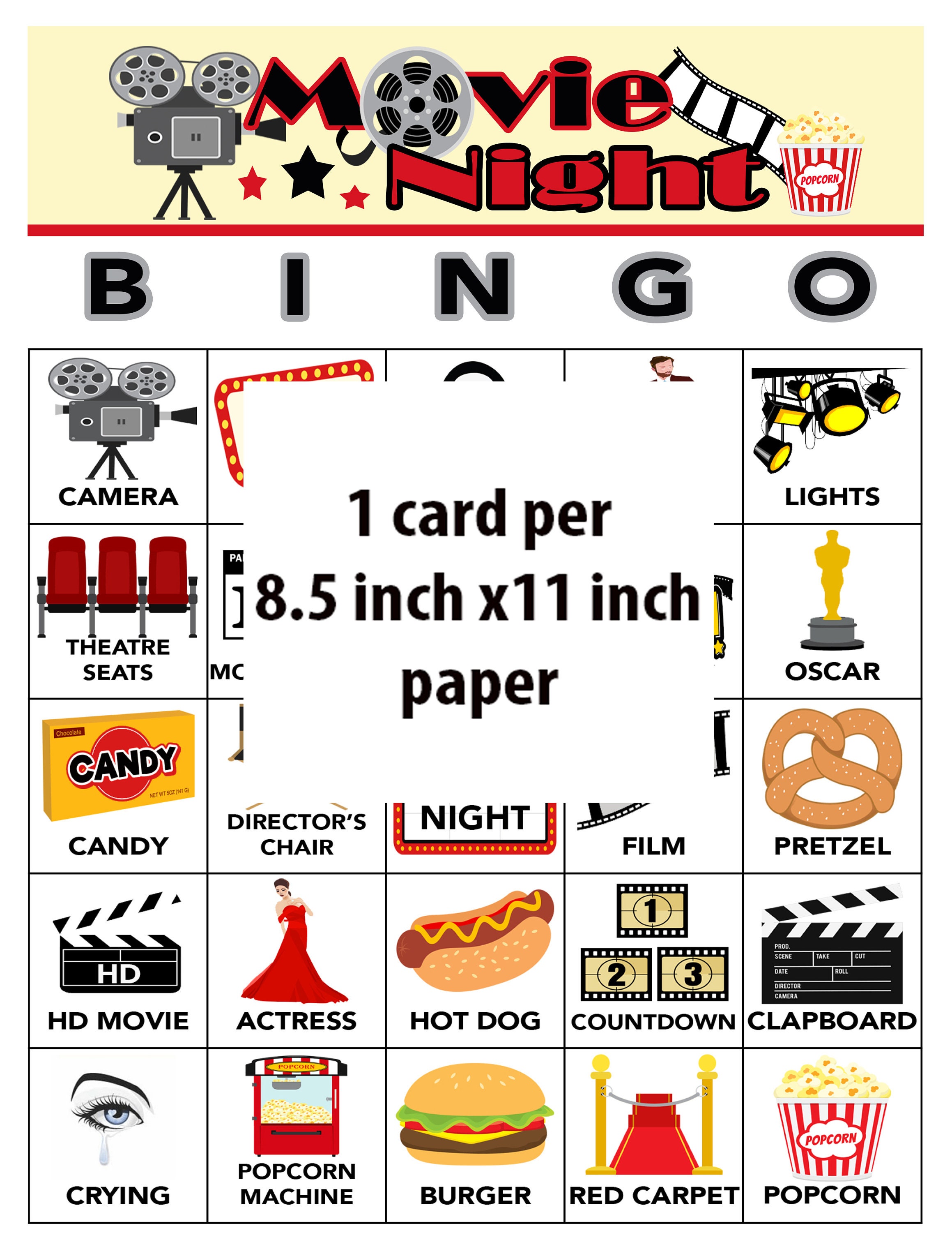 Movies, Movie Night Bingo, Family Night Games, Instant Digital Download ...