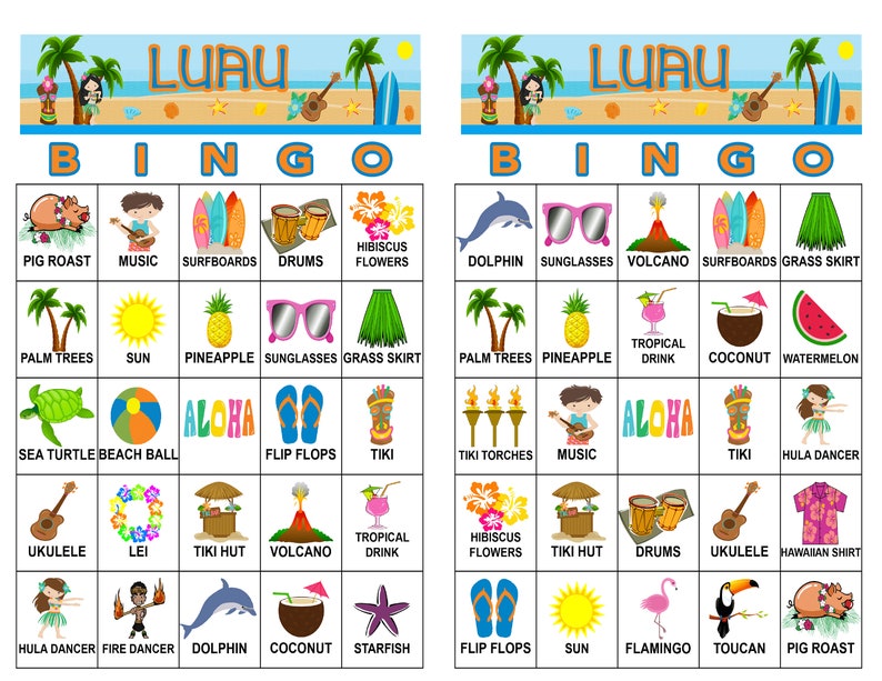 Luau Party, Luau Bingo Game, Summer and Beach Fun, Summer Fun Games for ...