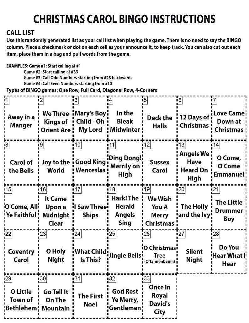 Christmas Carol Music, Christmas Party, Christmas Bingo, Digital ...