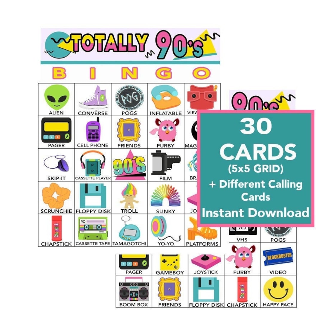 90's Bingo, 90's Games, 90's Birthday Party, Digital Download, Bingo ...