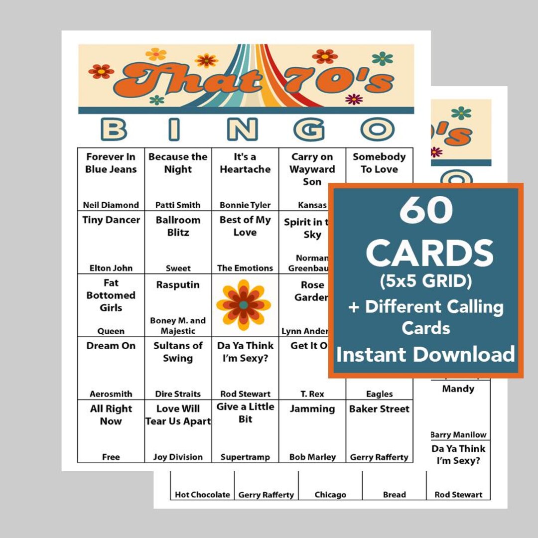 70's Music Hits, 70's Party, 70's Birthday, Digital Download, Bingo ...