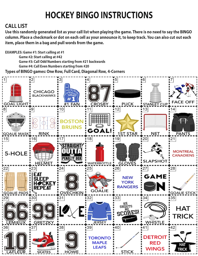 Hockey Bingo, Hockey Game, Hockey Party, Hockey Birthday Party, Hockey ...
