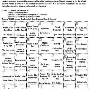Summer Music Hits Bingo Game, 60 Cards (digital Download) - Etsy