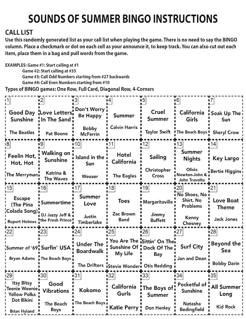 Summer Music Hits Bingo Game, 60 Cards (digital Download) - Etsy