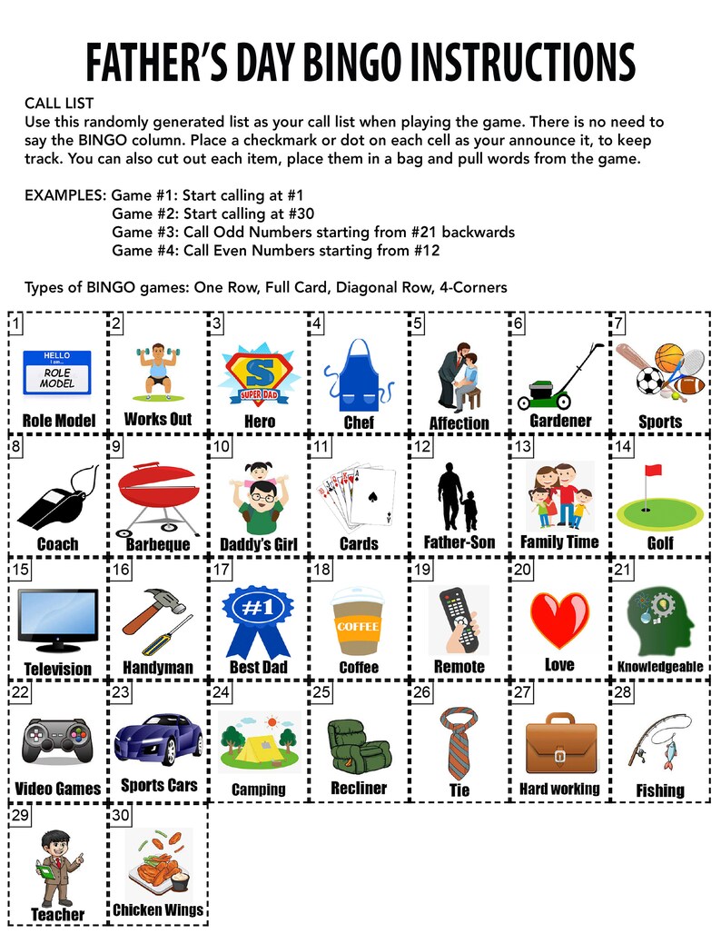 Father's Day Bingo Game, 60 Unique Cards, Family Fun (instant Download ...