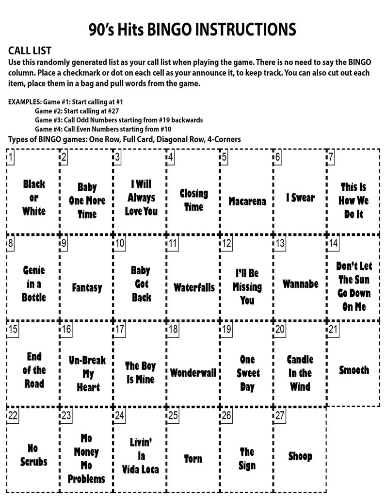 90's Music Hits 30 Bingo Cards Download Bingo Games - Etsy