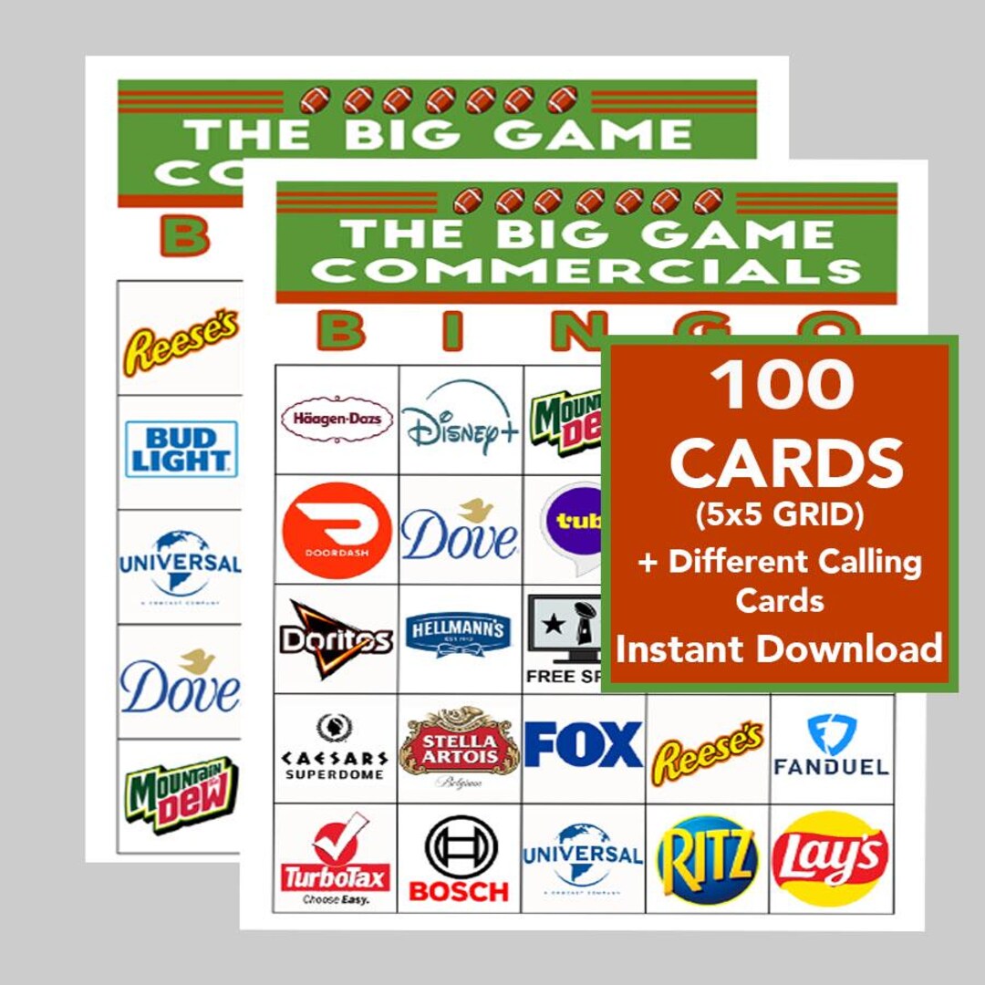 Football Bingo, the BIG Game 2025, Commercials Bingo, 5x5 Bingo Cards ...