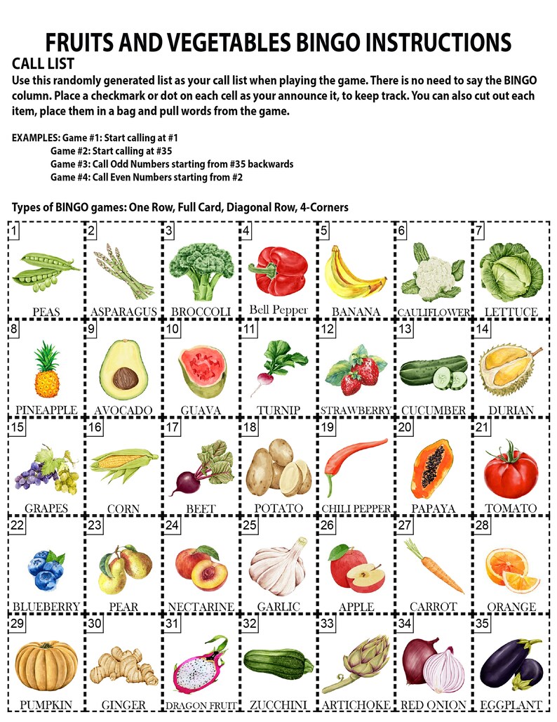 Fruit and Vegetables Bingo Healthy Eating Game for Kids - Etsy