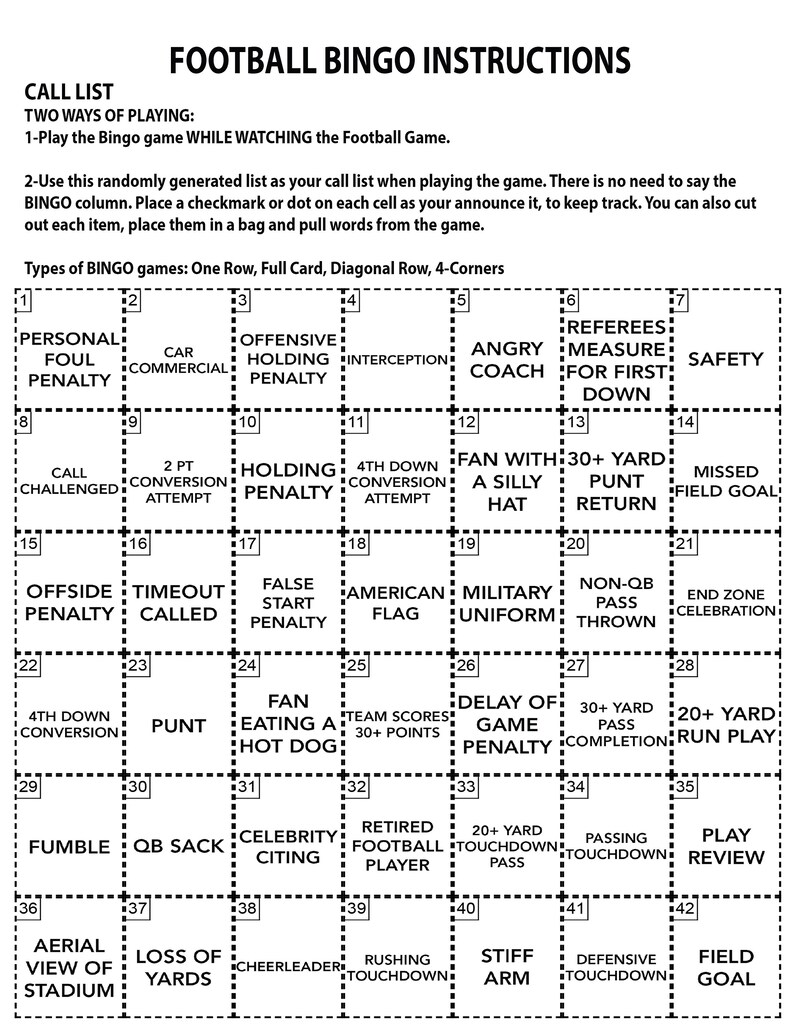 Football Bingo Super Bowl Games 5x5 Bingo Cards Instant - Etsy