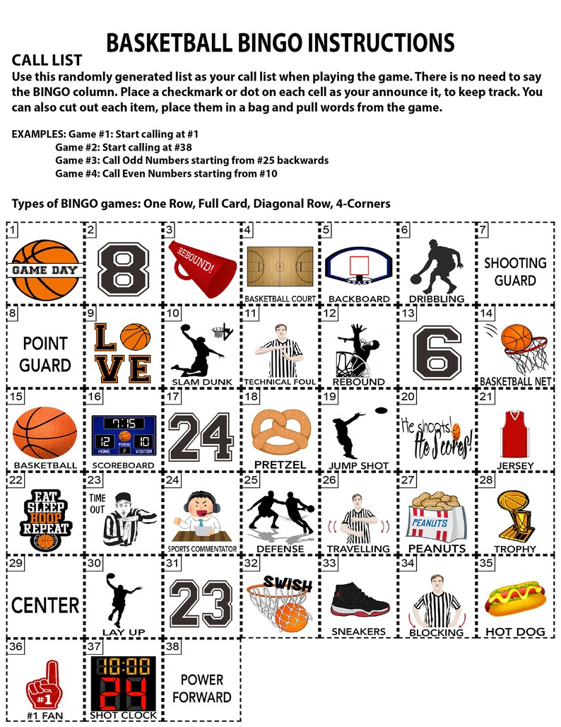 Basketball Bingo Game, 100 Unique Cards (instant Download) - Etsy