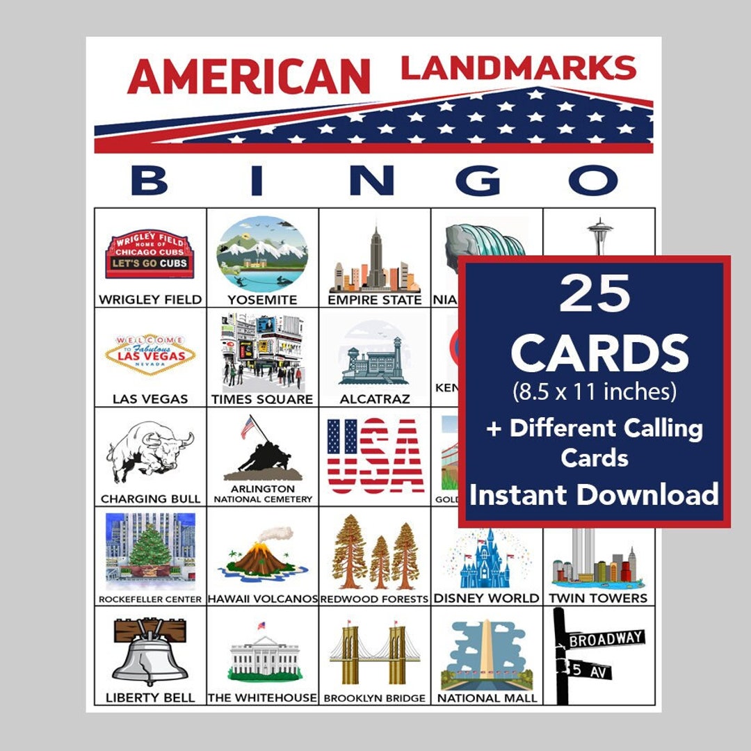 American Landmarks Bingo Game, USA Party Bingo, USA Games, Fun Bingo ...