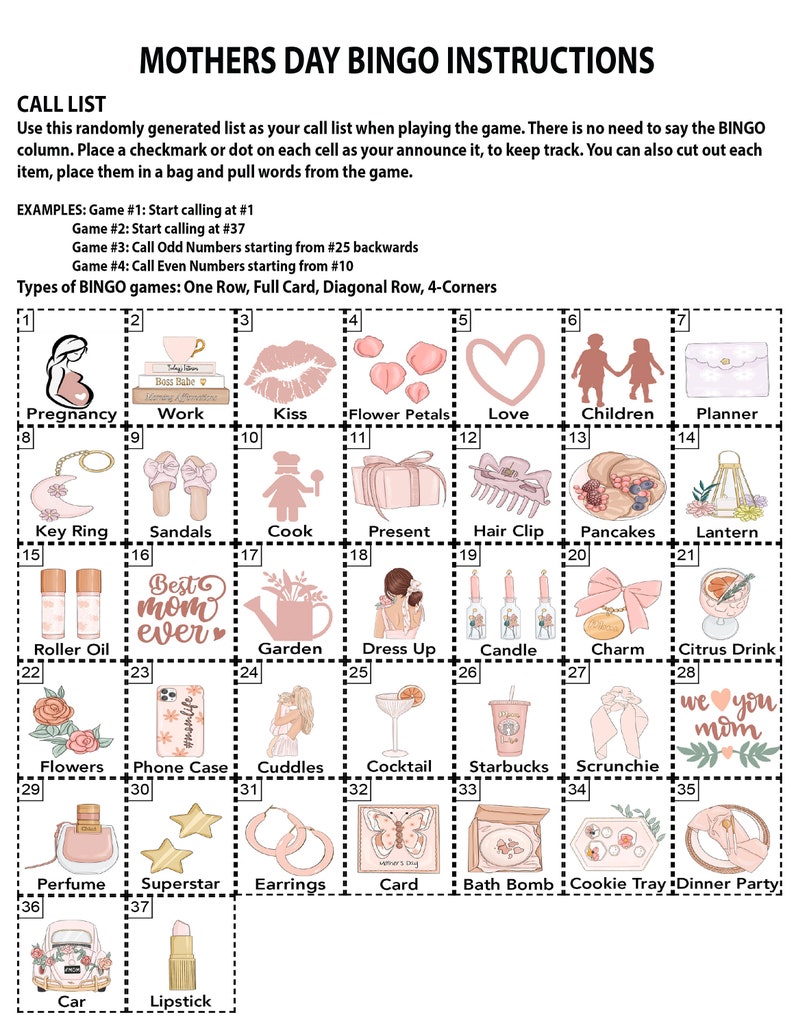 Mother's Day Bingo Game Easy to Print & Play Family Game - Etsy