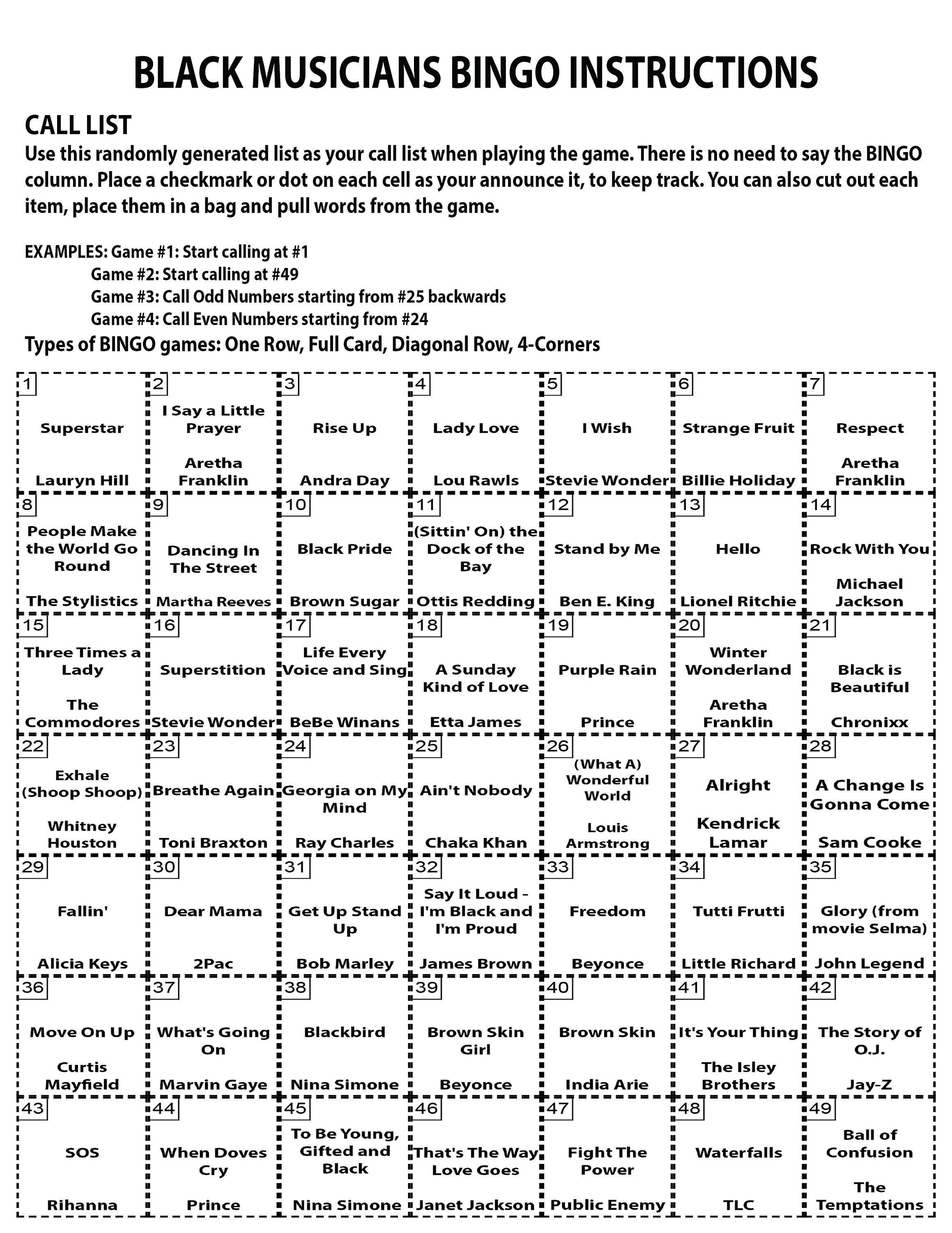 Black History Month Bingo Black Musicians Black History - Etsy