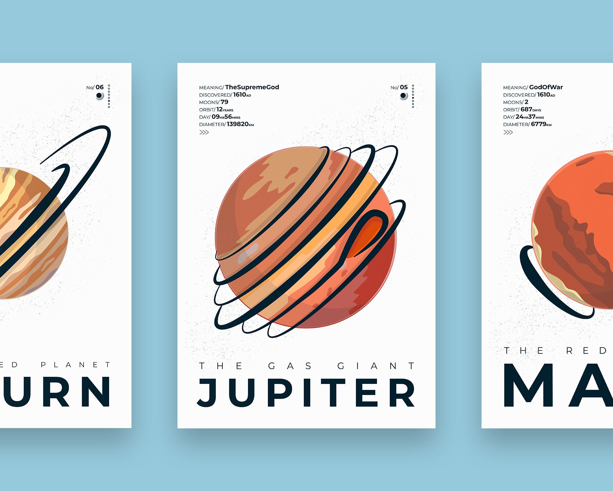 Solar System Planets (light) - A6 Postcard Print (mars, Jupiter, Saturn ...