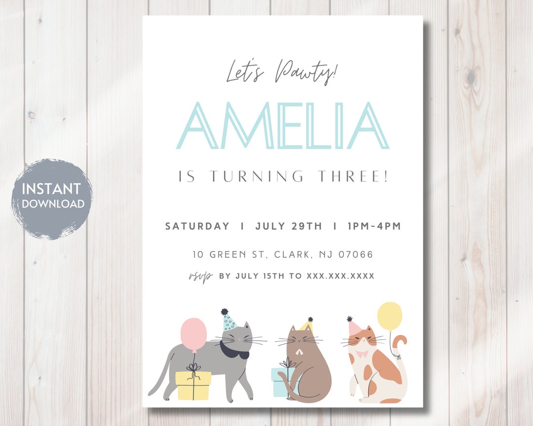 CAT Birthday Party Invitation, Kitty Cat Invite, It's a Pawty!, Meow ...