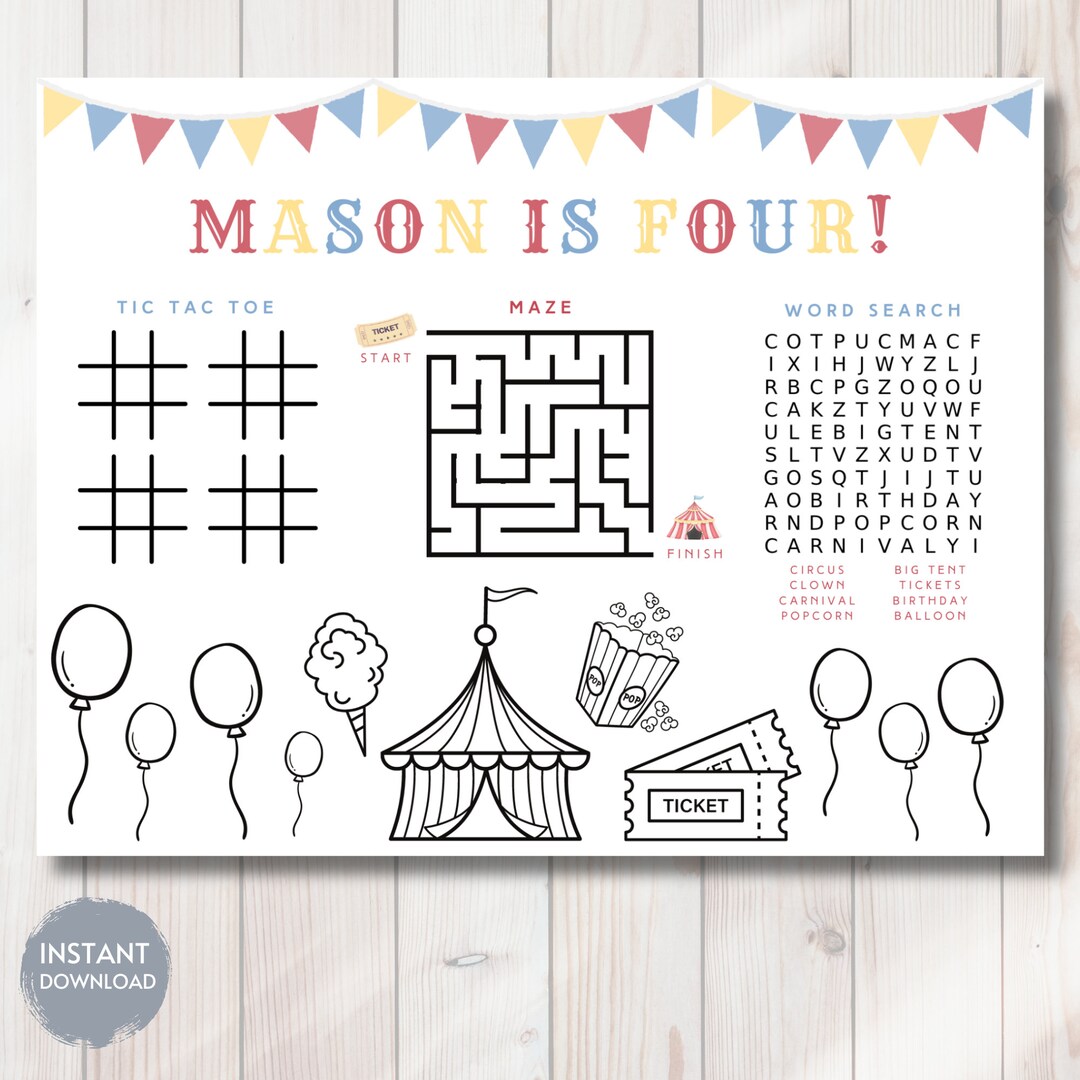 CIRCUS Placemat Activity Sheet, CARNIVAL Placemat, Kids Coloring Page ...