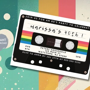 RETRO Cassette Tape Invite, 40th 30th Birthday Invitation Template ...
