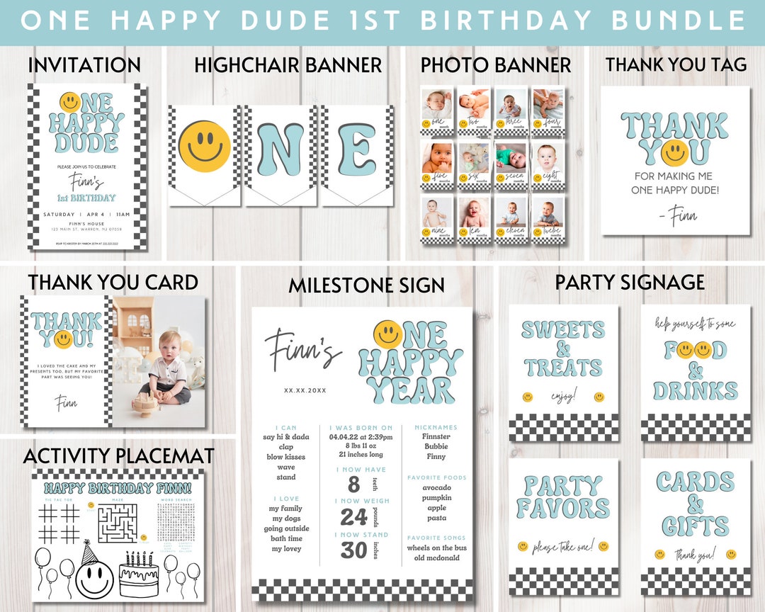 ONE HAPPY DUDE Birthday Bundle, One Happy Dude Invite Bundle, Retro ...